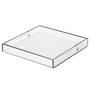 NIUBEE Clear Serving Tray 12x12 Inches -Spill Proof- Acrylic Decorative Tray Organiser for Ottoman Coffee Table Countertop with Handles