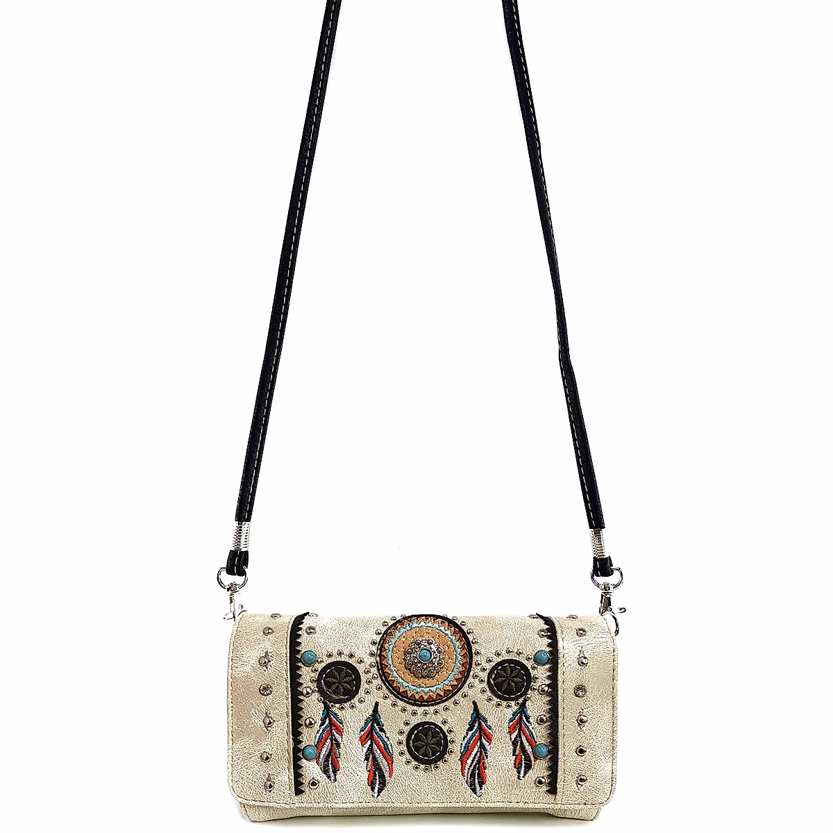 Zelris Tribal Native Dream Catcher Feather Concho Crossbody Fold Wallet (Beige)