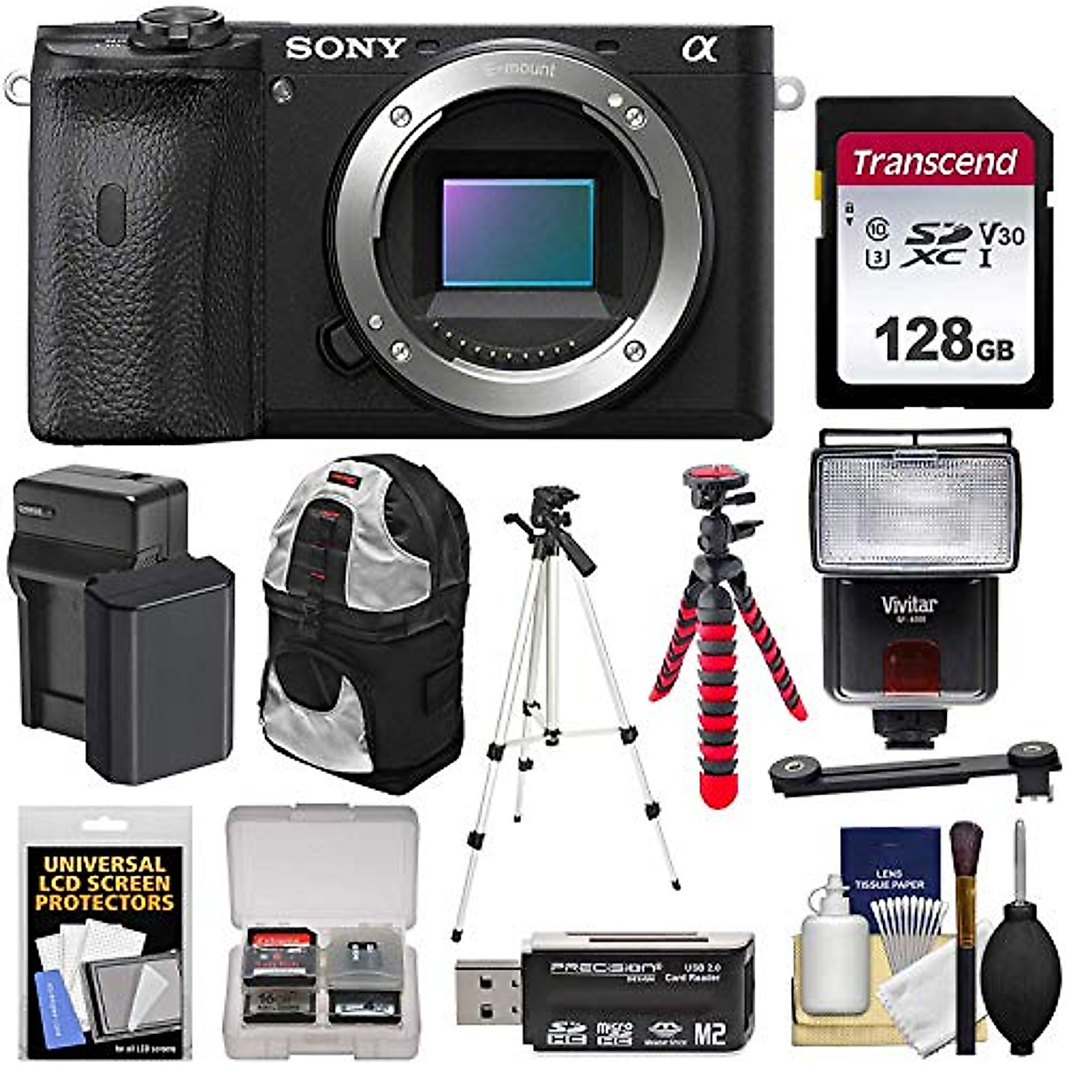 Sony Alpha A6600 Mirrorless Digital Camera Body with 128GB Card + Battery & Charger + Backpack + 2 Tripods + Reader + Flash + Kit