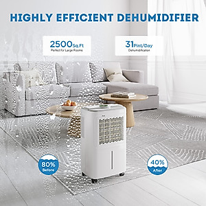 Dehumidifier for Basement 2500 Sq.Ft, 31 Pints Dehumidifiers for Home Large Room with Drain Hose for Bathroom, 2L Water Tank, Dry Clothes Mode, Intelligent Humidity Control with Timer Auto Shut Off