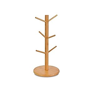 Bamboo Mug Holder Tree，Coffee Cup Holder，Countertop Mug Tree with 6 Hooks，Mug Rack for Counter Stand Coffee Counter Bar Accessory