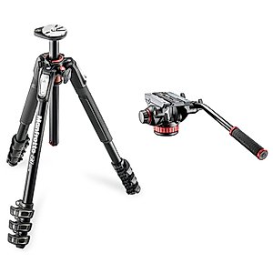 Manfrotto 502 Video Head MVH502AH & MT190XPRO4 Aluminum 4-Section Tripod,Black