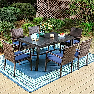 PHI VILLA 9 Pieces Patio Dining Set for 8, Rattan Wicker Chairs and E-Coating Expandable Rectangular Metal Table, Outdoor Dining Table and Chairs Furniture for Backyard Deck Garden Porch