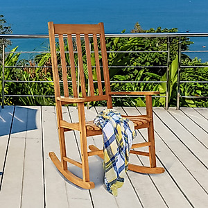 Tangkula Acacia Wood Porch Rocking Chair Set, Wooden Rocking Chair Rocker with High Back & Armrest for Indoor Outdoor Use, Patio Rocker for Garden Lawn Balcony Backyard Poolside (2, Teak)