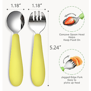Toddler Utensils with Silicone Handle,6 pcs Kids Silverware Set,Baby Forks and Spoons for Self-Feeding,Green Yellow Navy