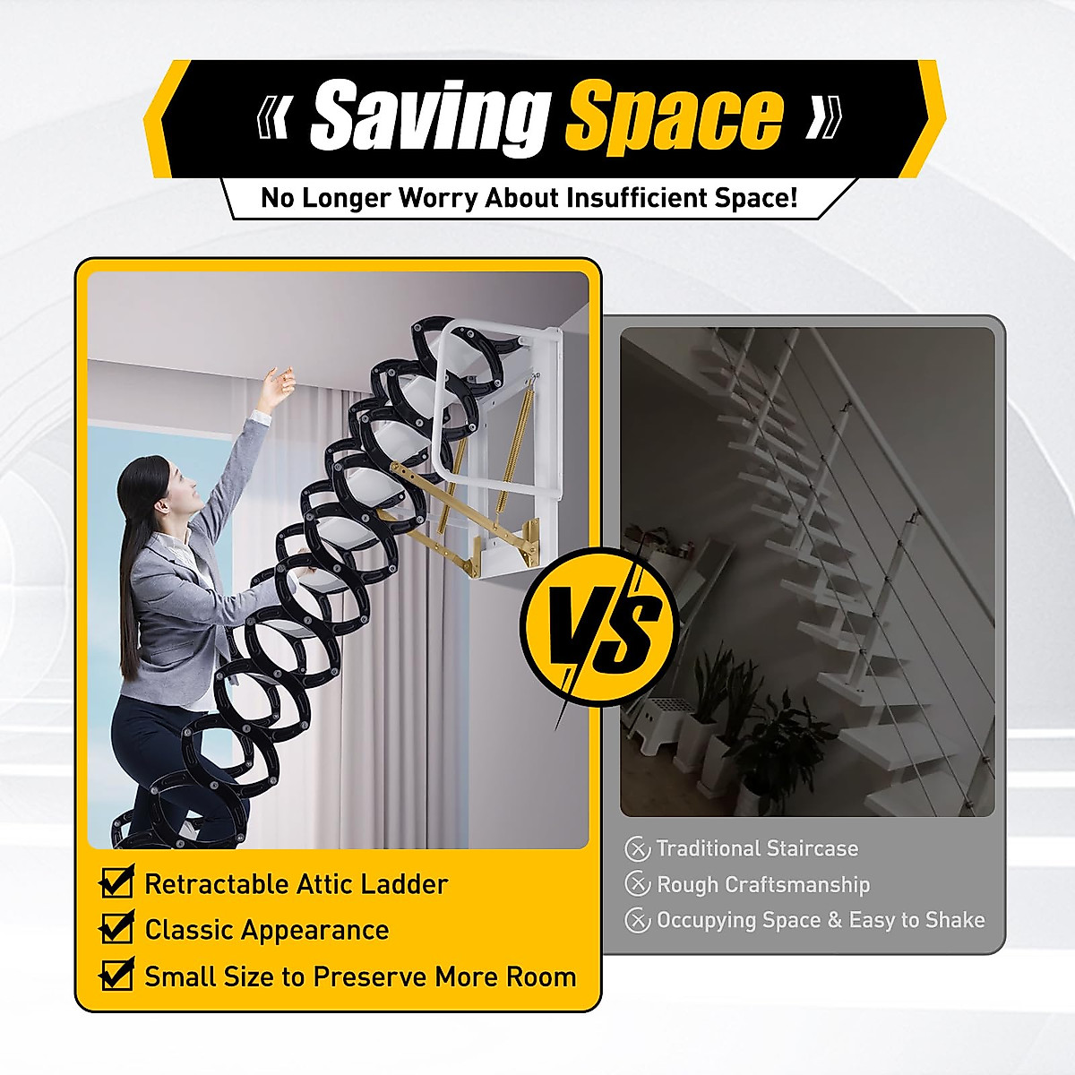Attic Ladder Pull Down 11 Steps Attic Stairs Alloy Attic Access Ladder 9 ft Height Wall-Mounted Folding Loft Stairs with Armrests for Attic