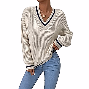 SHENHE Women's V Neck Ribbed Knit Long Sleeve Drop Shoulder Pullover Sweater Tops Beige M