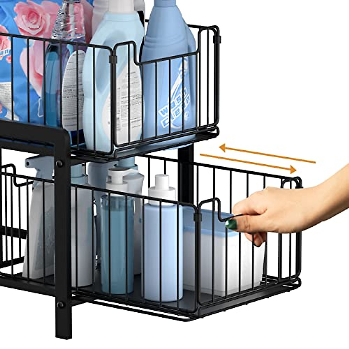 2 Tier Under Sink Organzier, NPPLUS Iron Under Sink Cabinet Organizers With Sliding Drawer, Pull-Out Home Organizer For Bathroom, Kitchen - Black