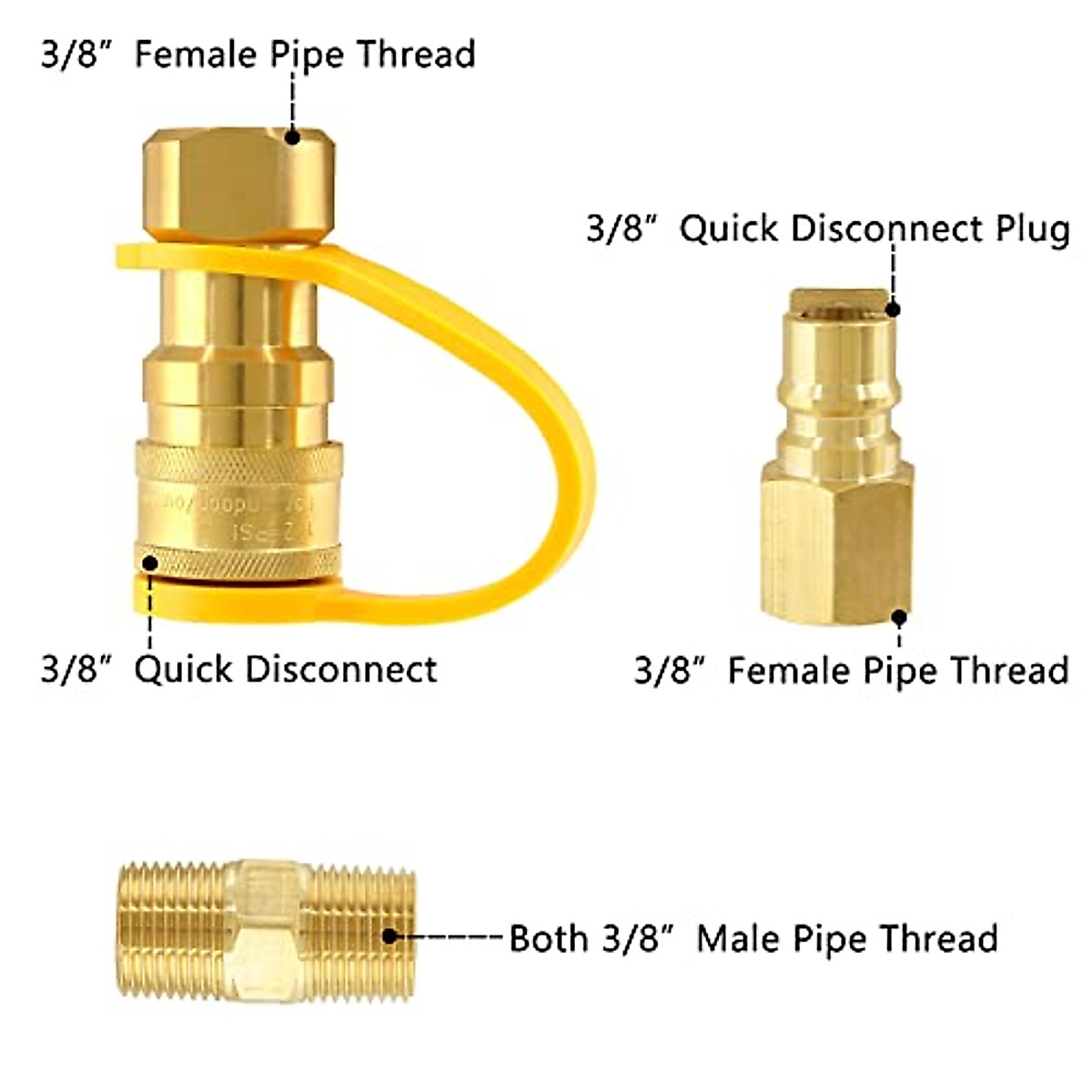 Unlorspy 3/8 Inch Natural Gas Brass Quick Connect Fittings, Solid Brass Propane Gas Connector Adapter with 3/8 Inch Male Pipe NPT Thread & 3/8 Inch Female NPT Thread