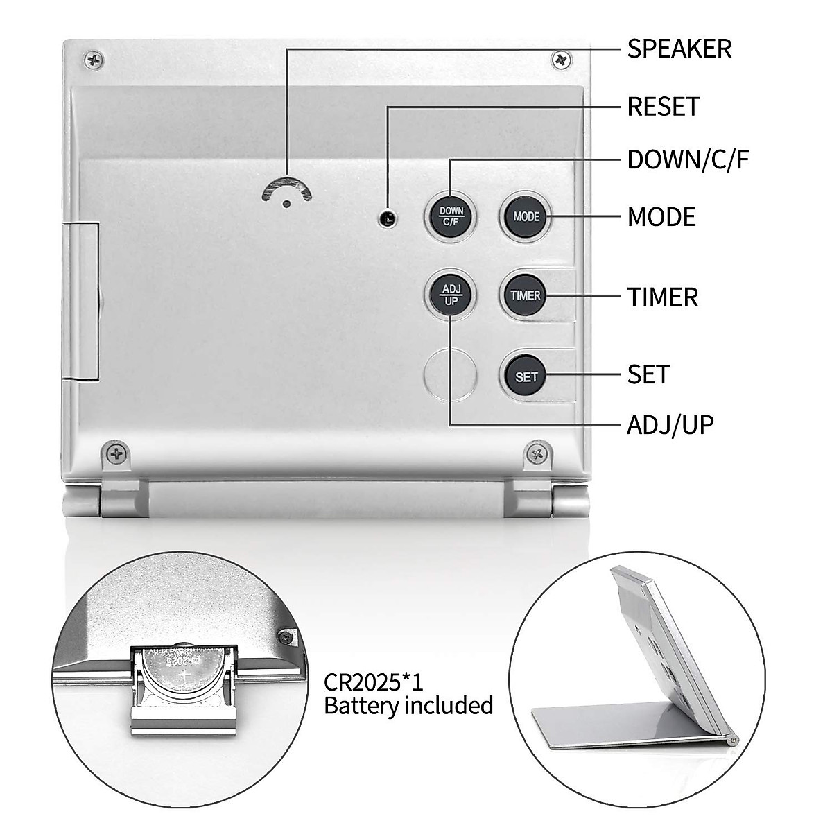 Betus Digital Travel Alarm Clock - Foldable Calendar Temperature Timer LCD Clock with Snooze Mode - Large Number Display, Battery Operated - Compact Desk Clock for All Ages (Silver, No Backlight)