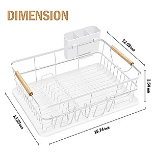 TOOLF Dish Drying Rack, High-Sided Dish Rack for Kitchen Counter, Dish Drainer with Utensil Holder and Drainboard, Small Sink Drainer for Sink, White