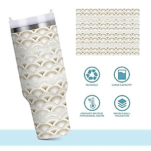 RPLIFE Elegant Gold Outlined Waves White Coffee Tumbler with Handle, Stainless Steel Coffee Cup, Tumbler with Lid and Straw