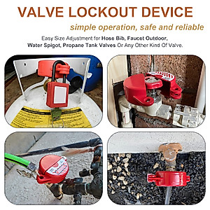 Gate Valve Lockout and Safety Padlock, 1Set, Hose Bib Lock for Outdoor Faucet Knob/Water Spigot/Propane Tank, 1 to 2-1/2 in Dia Valve Handles, Plastic Red Secure Lock Device for Outside Garden Valve