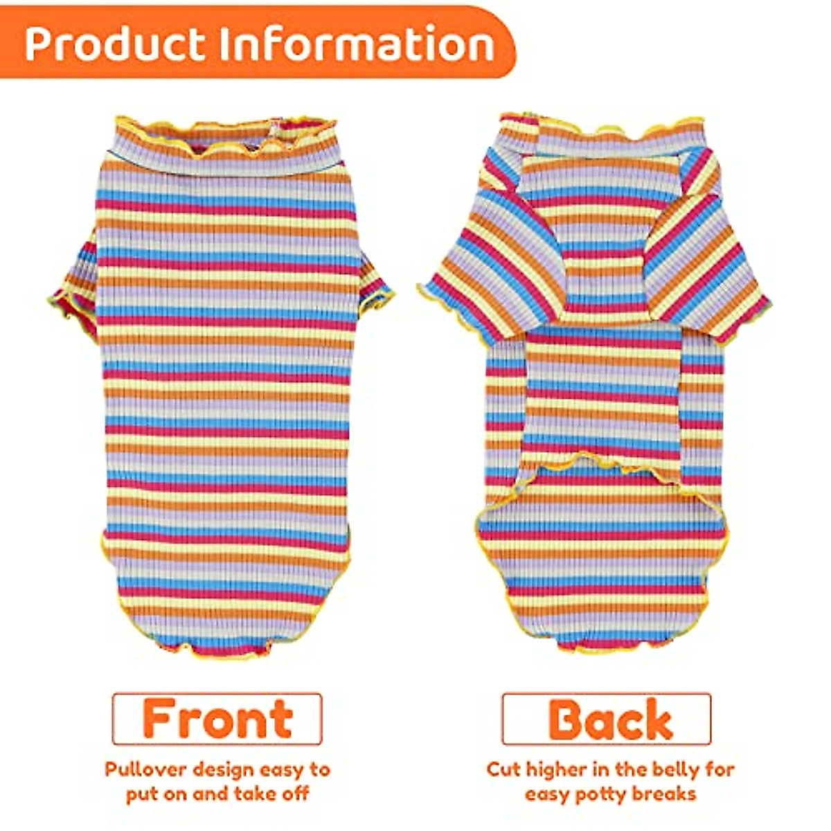 T'CHAQUE Cotton Dog Shirt Rainbow Striped Cat Tee Shirts, Breathable Soft Pet Basic Clothes for Small Medium Dogs/Cats, Adorable Puppy Apparel Cat Jumpsuit for All Season, Pets Clothing Pullover, L