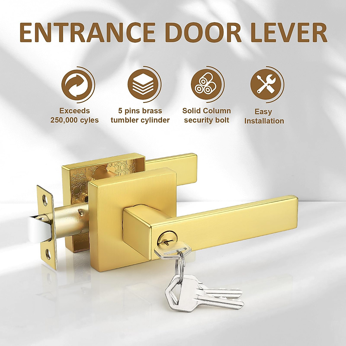 Probrico 2 Pack Gold Entry Door Lever Lock,Antique Brass Heavy Duty Interior Front Door Handles with Key, Entrance Exterior Lockset Each with 3 Different Keys