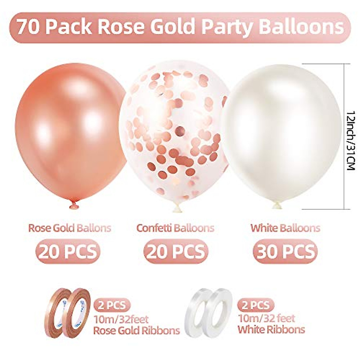 70PCS Rose Gold Balloons set with 4 Roll Ribbons, Meromore 12 Inches Latex Confetti White Rose Gold Balloons Bulk for Birthday Party Supplies Wedding Graduation Bachelorette Anniversary