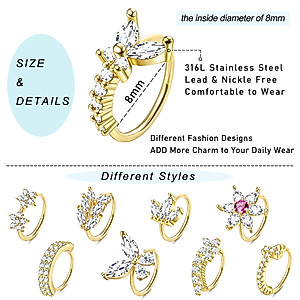 ORAZIO 9Pcs 20G Nose Rings Hoops For Women Surgical Steel Paved CZ Cartilage Earring Hoop Cute Butterfly Flower Nose Piercing Jewelry Silver Gold Black Rose Gold Nose Ring Hoop
