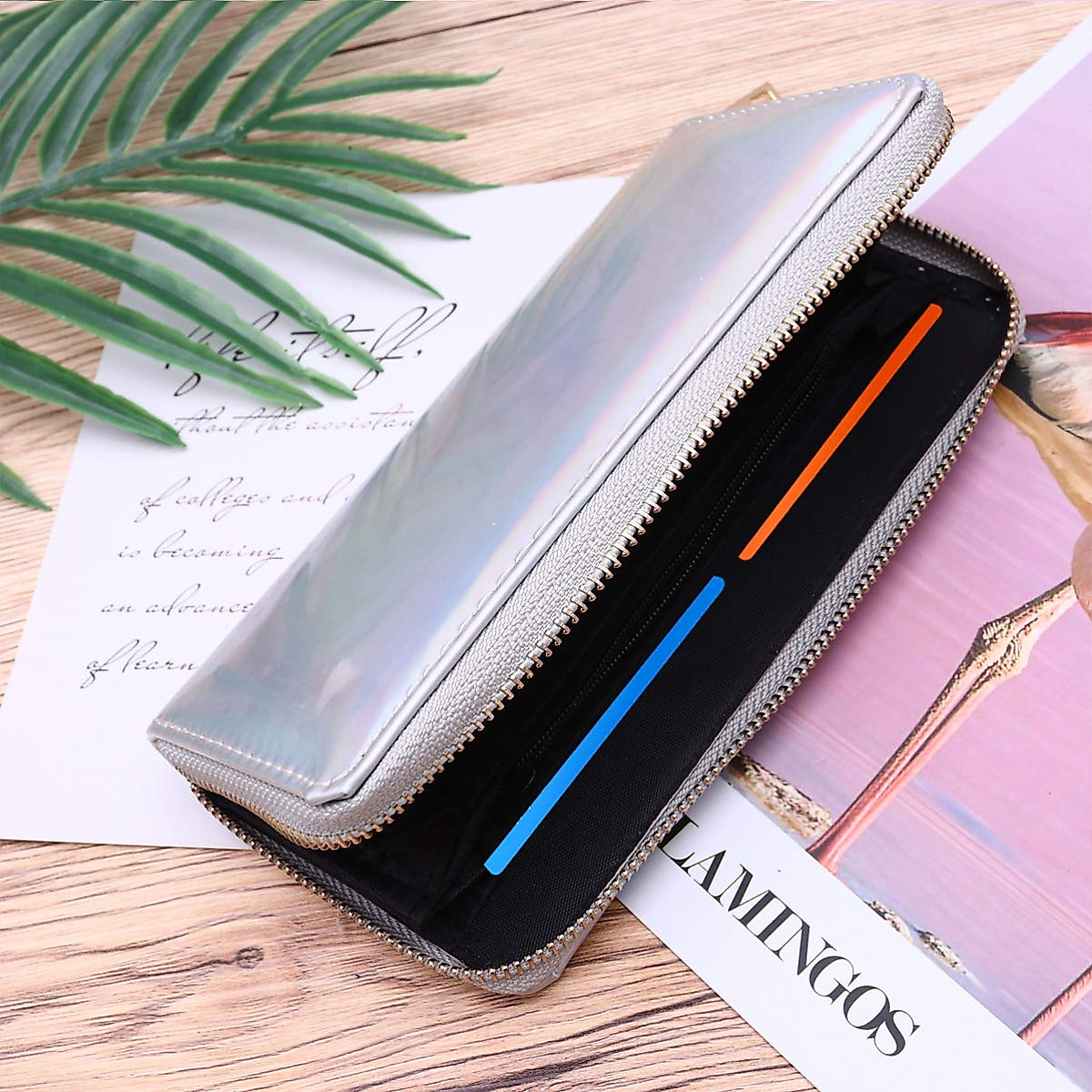 VALICLUD Holographic Zipper Long Wallet Purse Iridescent Rainbow Card Cell Phone Holder Slim Long Pouch for Women