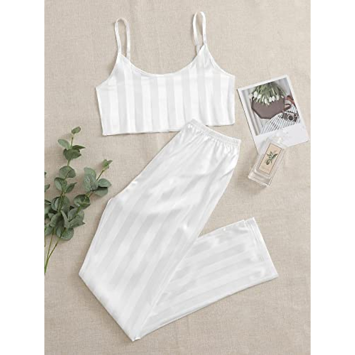 WDIRARA Women's Satin Striped Cami Top and Pants Soft Sleeveless Pajama Lounge Set White L