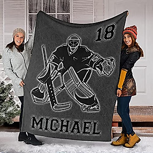 OhaPrints Custom Dark Grey Hockey Blanket Hockey Boy Player Personalized Name Number Soft Sherpa Throw Blankets Cozy Fuzzy Fleece Throws for Tv Sofa Couch Comfy Fluffy Blanket 30X40 50X60 60X80