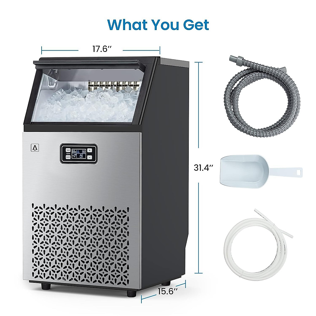 Commercial Ice Maker Machine, 150lbs/24H with 33 Lbs Storage Bin, 66 Pcs Ice Cubes 8Mins, Tap Add Water Freestanding Stainless Steel Ice Machine Self-Cleaning for Home Bar Office
