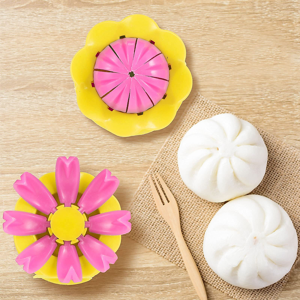 5 Pieces Bun Maker Bun Dumpling Maker Steam Filled Plastic Mold and Filling Spoon Cooking Tool Set for Kids Learning to Make Delicious Bun and Dumplings(Yellow, Pink, Beige)