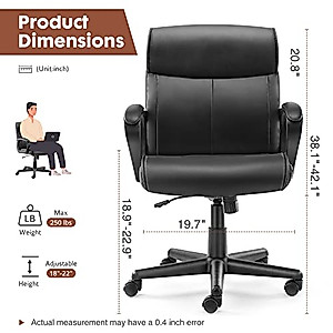 Mid-Back Office Computer Desk Chair with Armrests, Adjustable Height, 360-Degree Swivel, Lumbar Support, PU Leather, Black