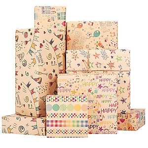 Larcenciel Birthday Wrapping Paper, 6 Sheets Kraft Gift Wrapping Paper, Balloons Cake Happy Birthday Wrapping Paper for Boys, Brown Gift Wraps for All Birthday, Holiday Party-Folded Flat-27.5x19.6inch