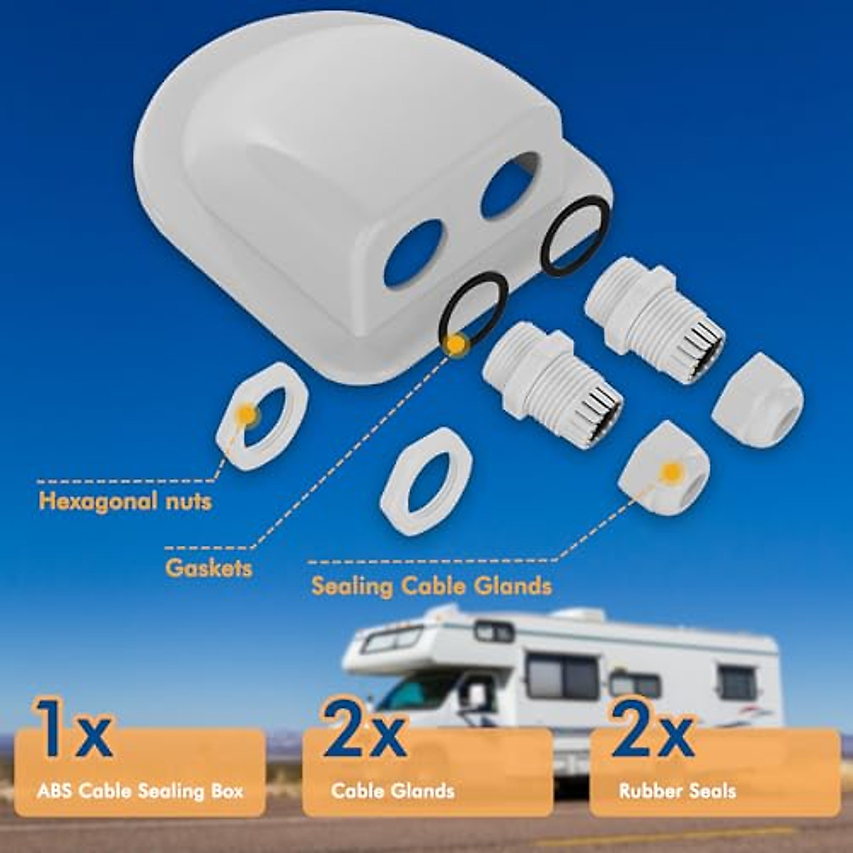 2 Pack of IP68 Waterproof Solar Cable Entry Gland by Restmo, Weather Resistant Dual Cable Entry Housing for Solar Panels of RV, Caravan, Marine, Boat, Cabin, White