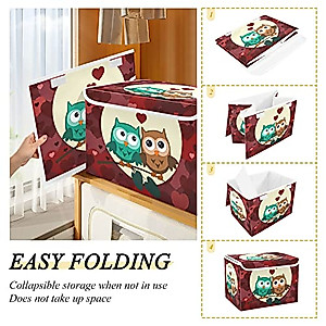 innewgogo Owls Valentines Day Storage Bins with Lids for Organizing Storage Baskets with Handles Oxford Cloth Storage Cube Box for Dog Toys
