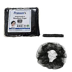 ProtectX 100-Pack Black Disposable Hair Nets, Elastic Head Cover, Bouffant Caps, Sanitation Head Cover for Food Service, Spa Men & Women - 21 inch