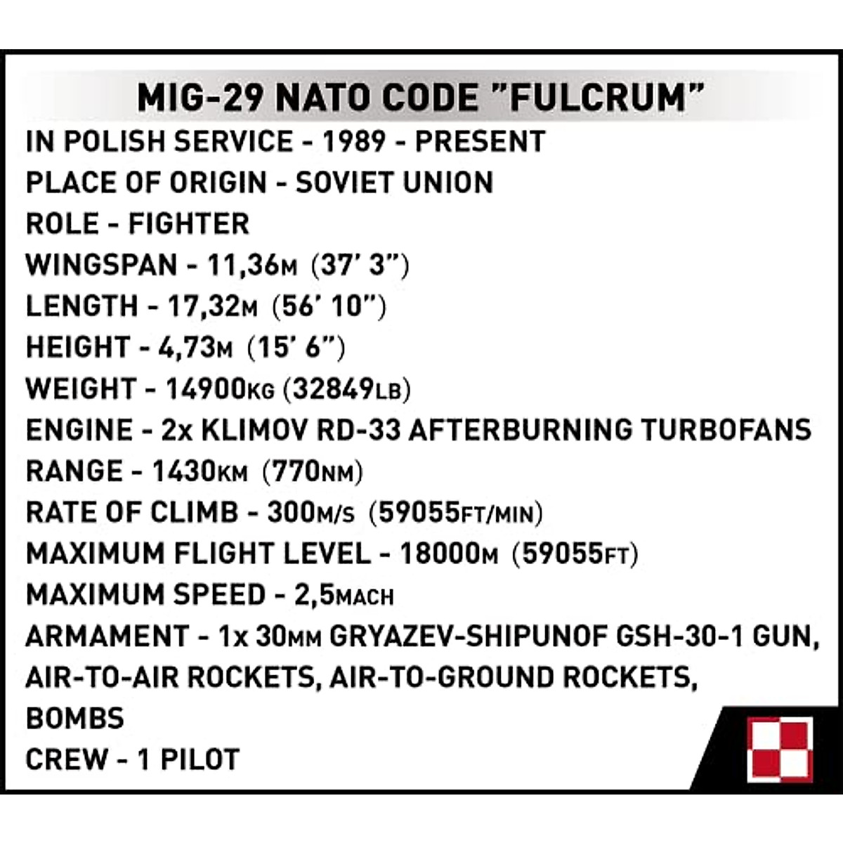 COBI Armed Forces MIG-29 NATO Code Fulcrum Plane
