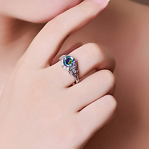 Narica Silver Plated Round Cut Created Rainbow Topaz Created Amethyst CZ Cubic Zirconia Filled Halo Hexagon Shaped Cocktail Wedding Engagement Promise Band Elegant Women's Eternity Ring for Mom Bridal Lover 9#