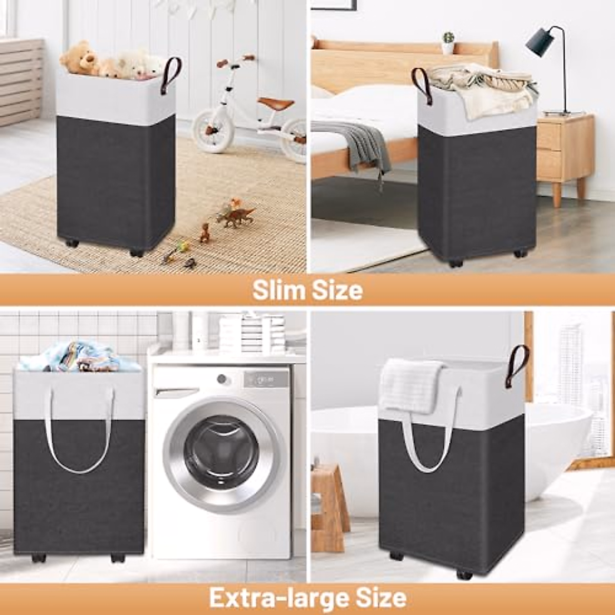 EpicTotes 24.4-Inches Rolling Slim Laundry Basket on Wheels, Collapsible & Waterproof Laundry Hamper, Freestanding Narrow Corner Clothes Bins with Easy Carry Handles for Clothes at Home, Grey