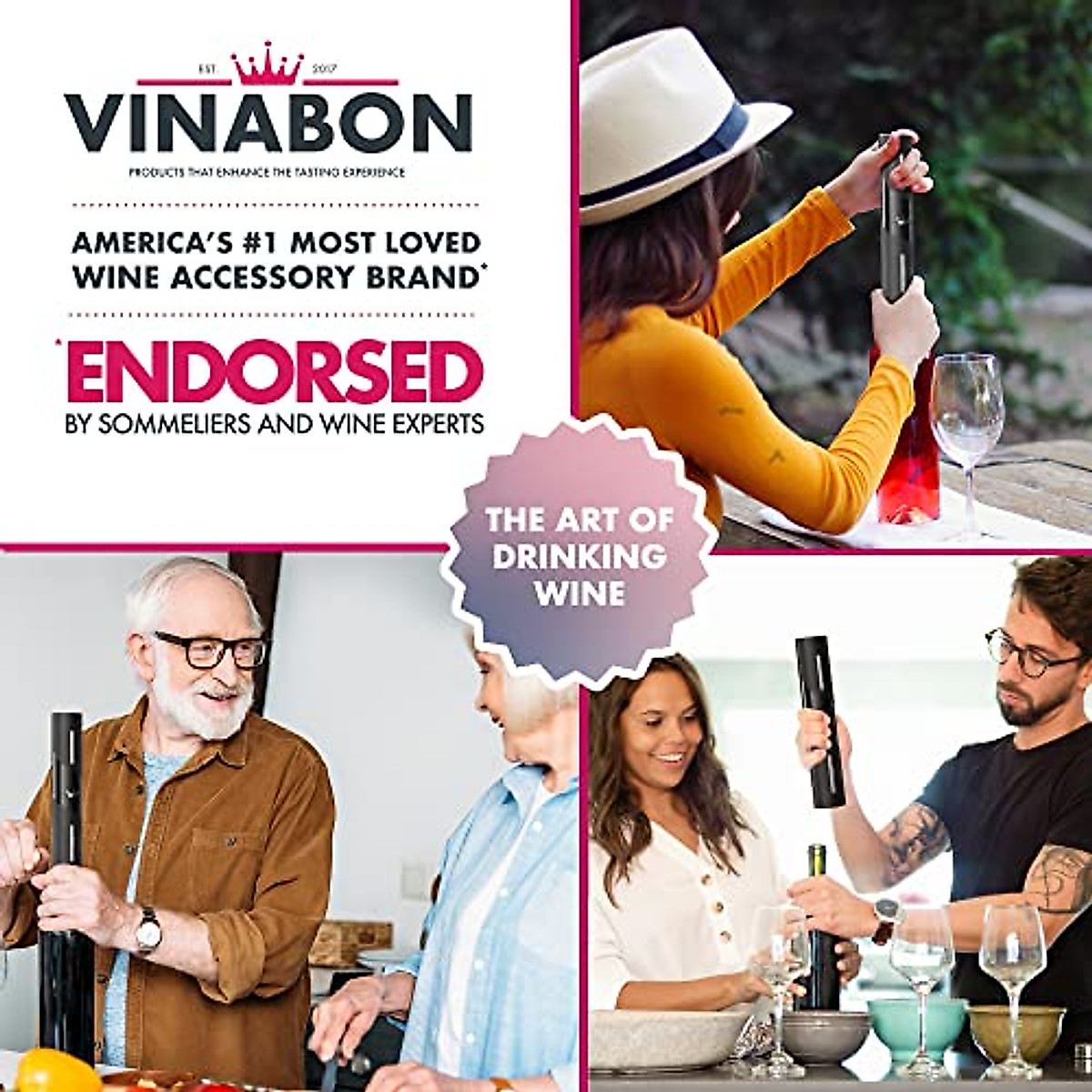 VINABON Electric Wine Opener - New 2023 Battery-Operated Electric Wine Bottle Opener with Wine Foil Cutter - One-Click Reusable Automatic Electronic Wine Opener Corkscrew. Includes WineGuide Ebook