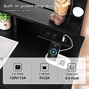 Quimoo Vanity Desk with Mirror and 10 LED Lights, Makeup Vanity with Charging Station and 4 Drawers Chest & Shelves, Vanity Set, Vanity Table with Cushioned Stool, for Bedroom, Black