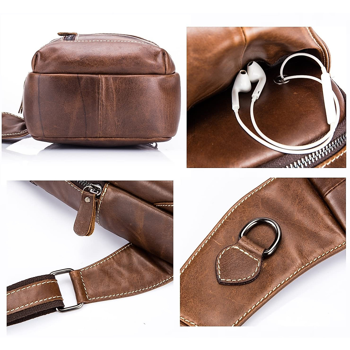 BULLCAPTAIN Men Leather Sling Chest Bag Outdoor Travel Shoulder Crossbody Bags Hiking Small Backpack (Black)