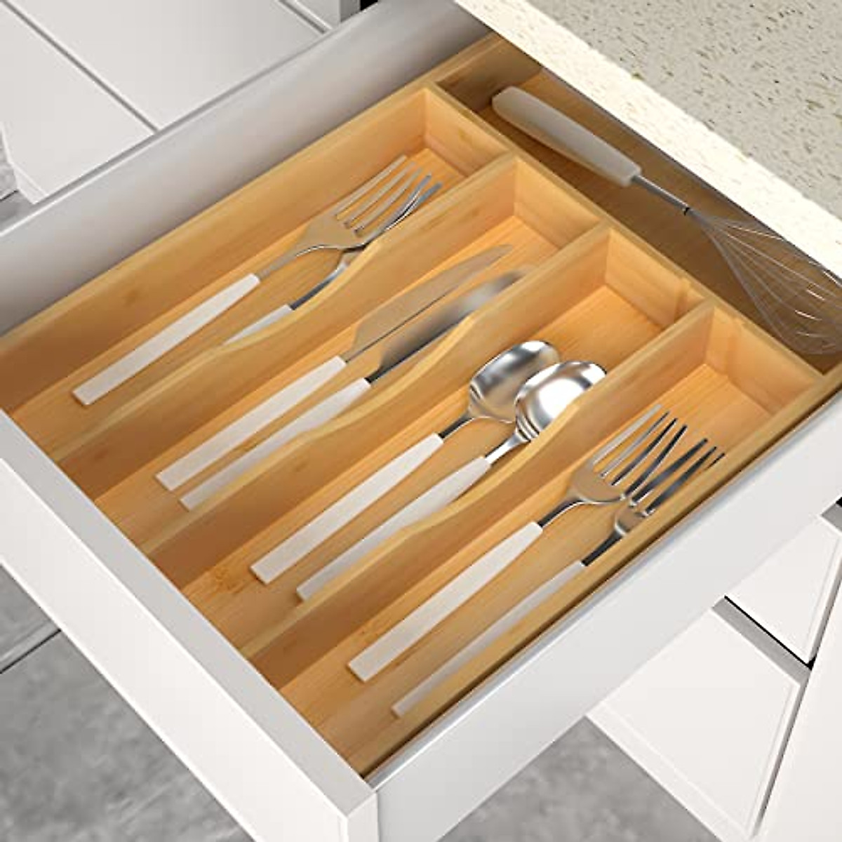 CALM COZY Kitchen Silverware Organizer, Bamboo Drawer Organizer with Adjustable Compartments Utensils Holder