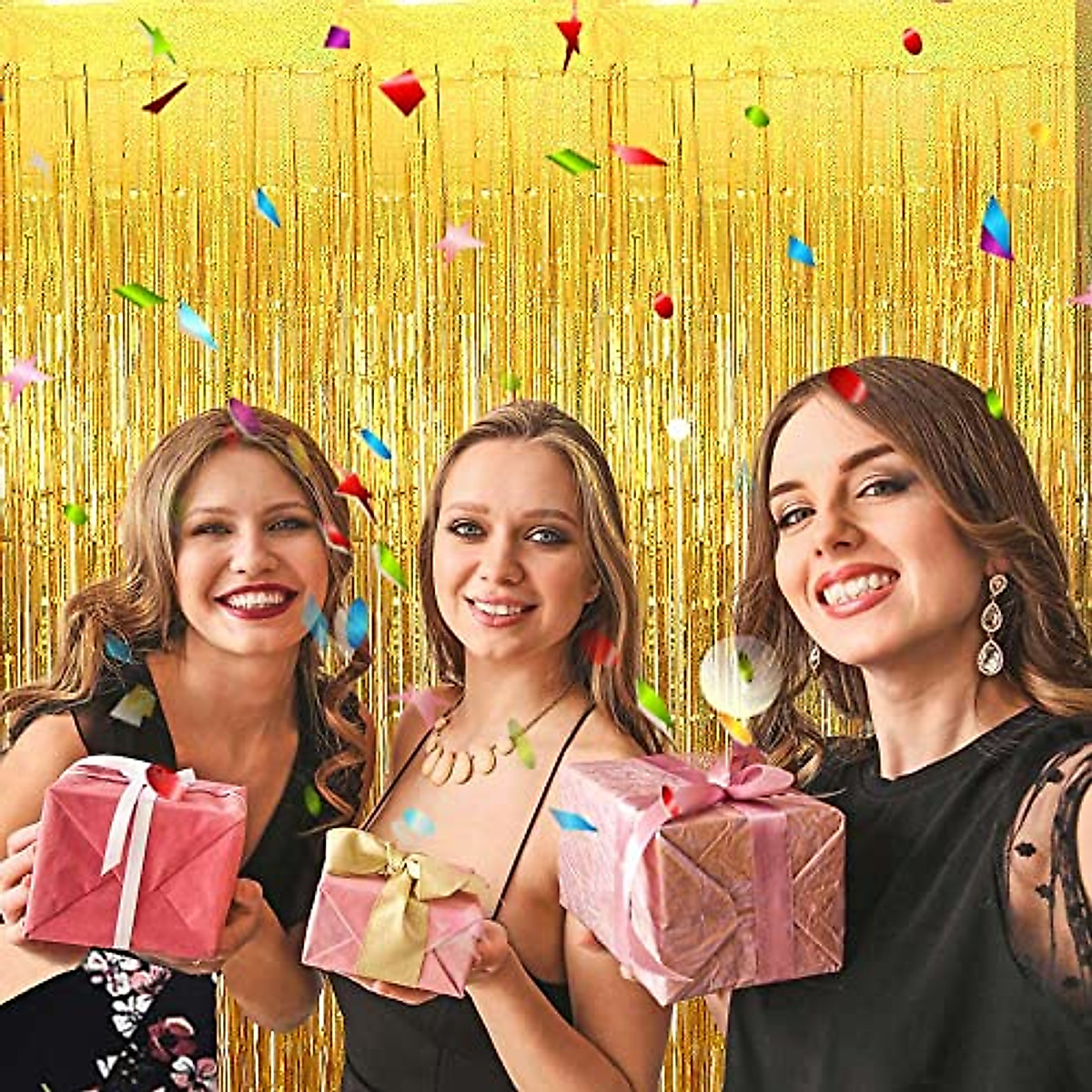 Gold Fringe Curtain Backdrop, 4pcs 3.2x8 Feet Gold Foil Curtain, Gold Streamers for Photo Booth Props Party Backdrop Decorations