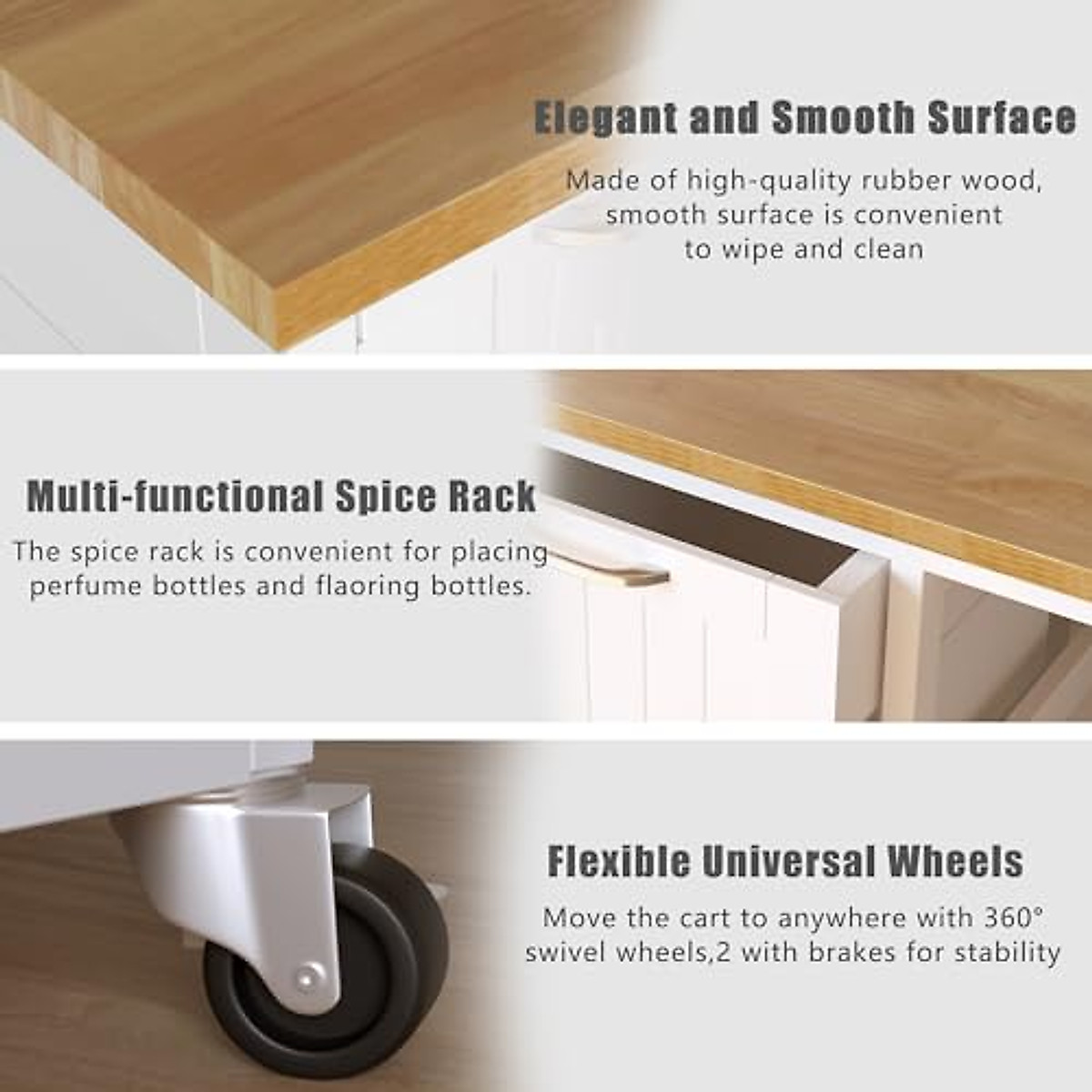 NSdirect Kitchen Island Cart,Industrial Kitchen Bar&Serving Cart Rolling on Wheels Utility Storage Trolley with 3-Tier Wine Rack Shelves&Three Storage Drawers,Soild Rubber Wood Top,White