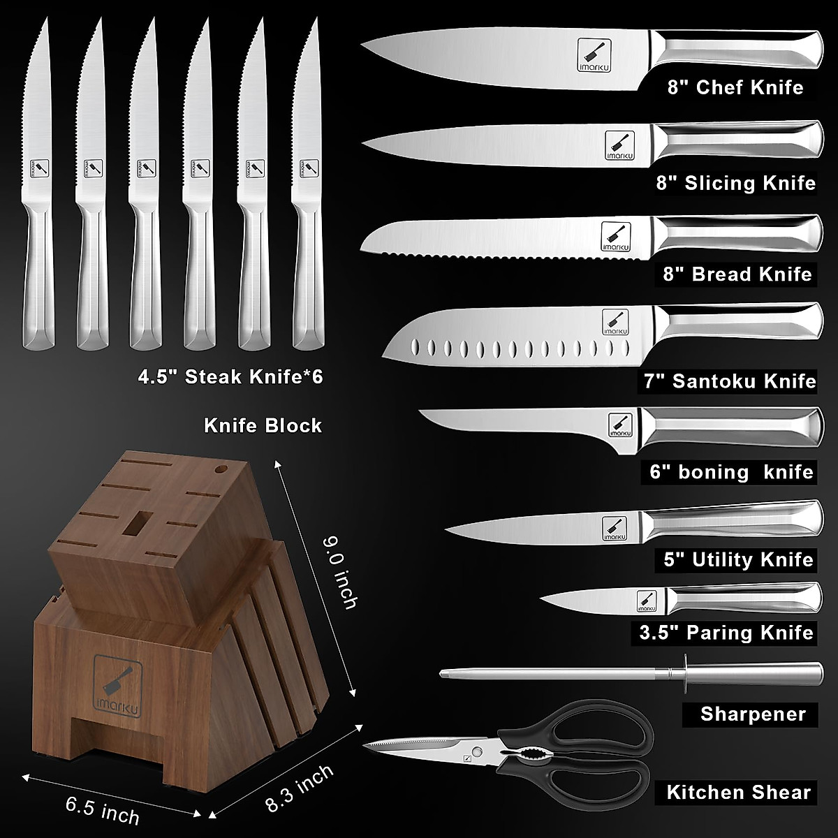 imarku Knife Set,16PC Premium Kitchen Knife Sets for Kitchen with Block,Japanese Stainless Steel Knife Block Set with Kitchen Sharpener,Dishwasher Safe (Brown)