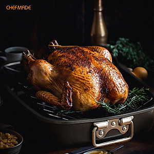 CHEFMADE Roasting Pan, 17-Inch Non-Stick Large Roasting Pan for Turkey, Roaster Lasagna Pan with V Rack Rectangular Deep Dish Oven-BBQ Bakeware for Oven Baking 17.1" x 14.1" x 3.3" (Black)