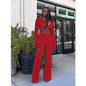 Women Boho 2 Piece Casual Outfit Long Sleeve Tie Front Cardigans Wide Leg Pants Tracksuit Set Red