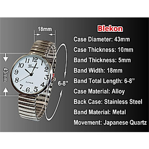 Blekon Collections Silver Super Large White Face Case Size 43mm EXTRA LARGE Stretch Band Japanese Movement PC21J Fashion Watch