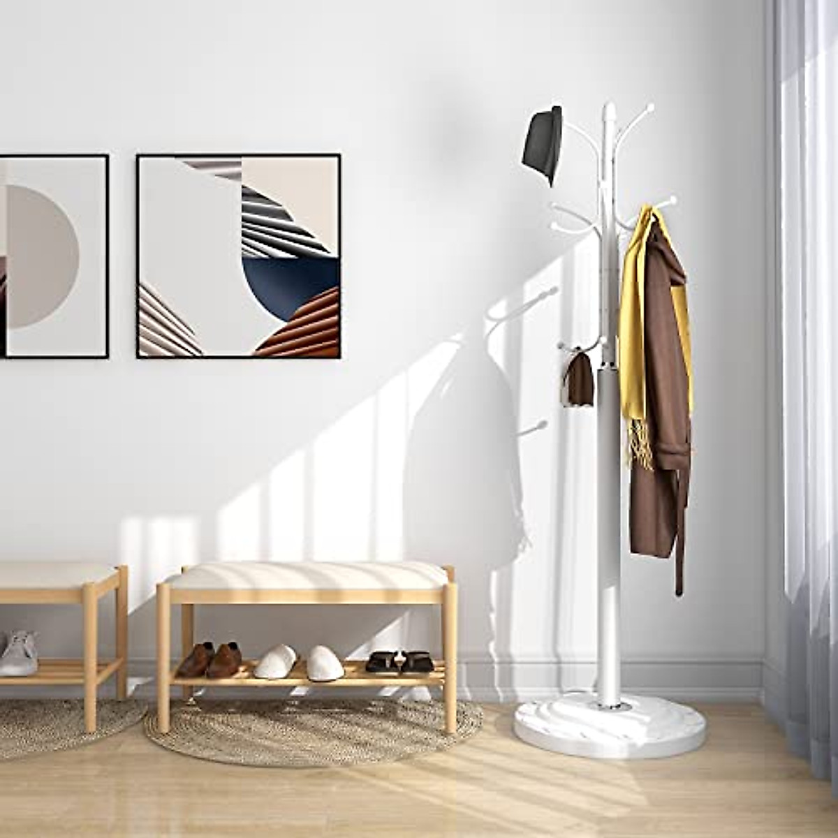 LASIEYO Coat Rack, Coat Rack freestanding With Disc Base, Standing Metal Coat Rack Stand Hat Hanger 12 Hooks, Easy Assembly for Coat Tree Hats Hanger Holder for Purse, Scarf Rack, Jacket (White)