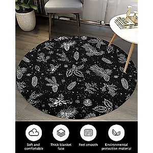 Christmas Flower Fluffy Round Area Rug Carpets 3.3ft, Plush Shaggy Carpet Soft Circular Rugs, Non-Slip Fuzzy Accent Floor Mat for Living Room Bedroom Nursery Decor Black White Pine Tree Leaves Cone