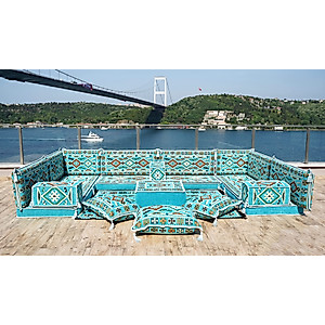 Light Blue Corner Floor Sofa Seating Set, U Shaped Arabic Sofa Set, Oriental Floor Seating, Floor Cushions, Living Room Sofa, Arabic Majlis,Floor Couch (U Sofa Full Set)