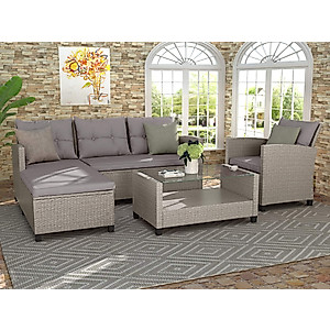 Merax 4 Piece Outdoor Patio Furniture Sets Conversation Set Wicker Ratten Sectional Sofa with Seat Cushions