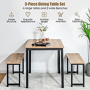 Giantex Dining Table with Bench, Modern Studio Collection Table with 2 Benches, Kitchen 3Pcs Bench Dining Table Set with Metal Frame for Living Room, Kitchen, Small Space