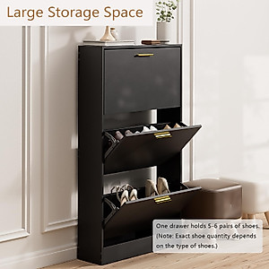 LYNSOM Shoe Cabinet, Free Standing Tipping Bucket Shoe Rack Organizer with 3 Flip Drawers, Modern Entryway Shoe Storage with Top Display, Narrow Slim Hidden Shoe Cabinet (Black)